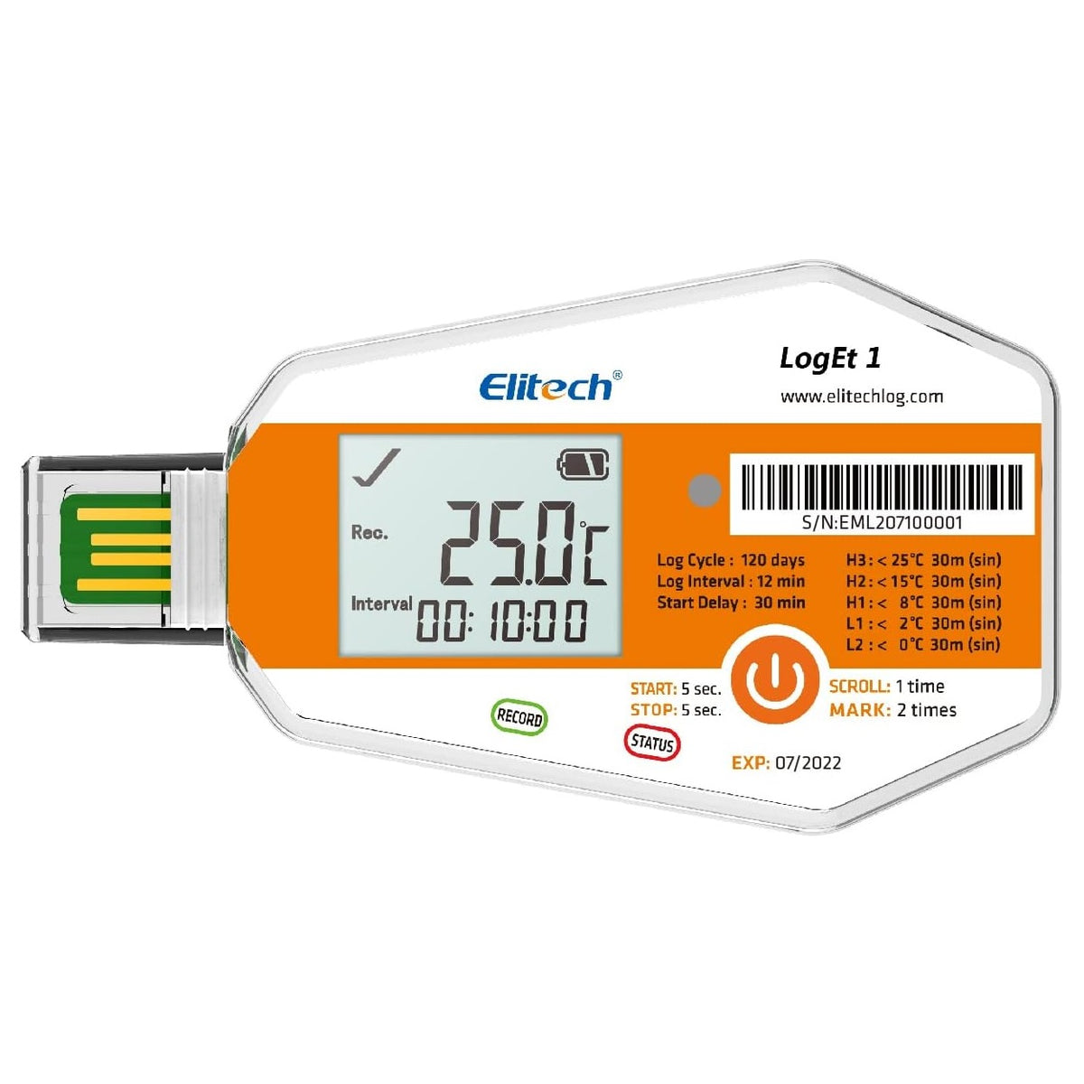 Elitech LogEt 1 Single-Use Temperature Data Logger, Range -30 To 70°C ...